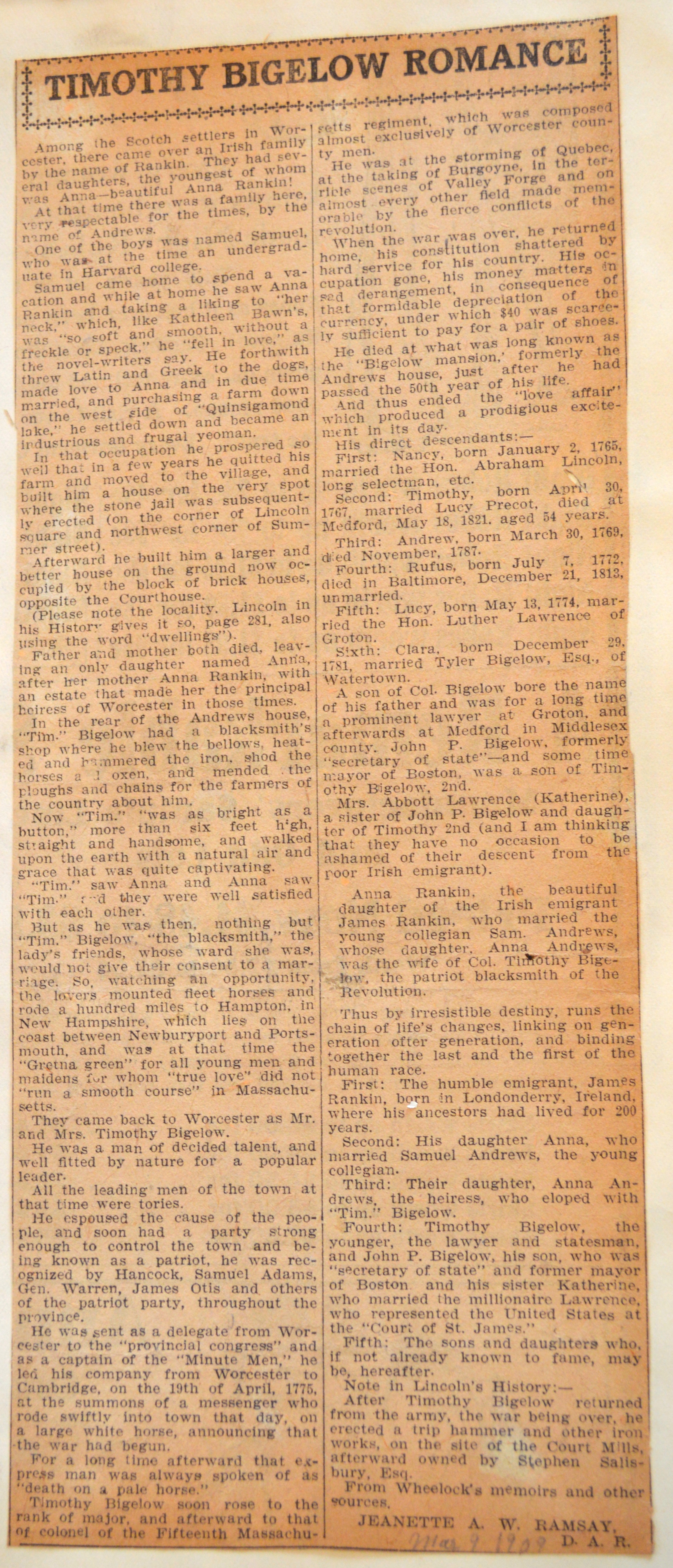 An Account of Timothy Bigelow’s Courtship and Marriage – Kinsmen and ...